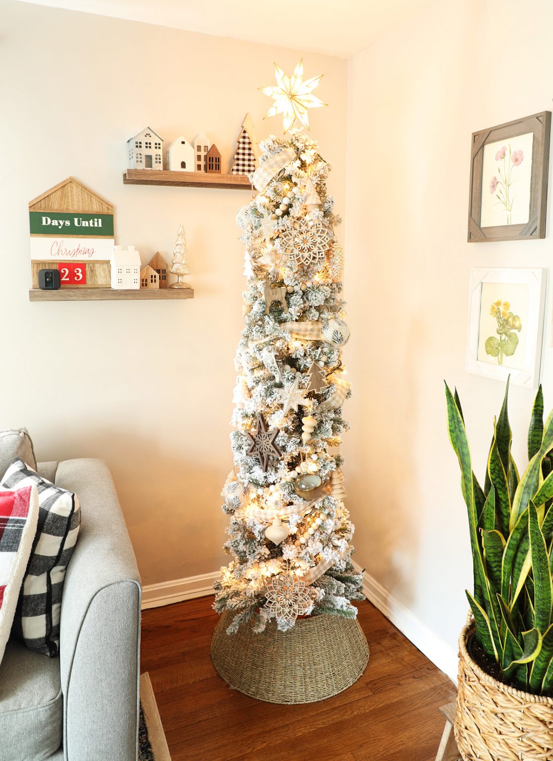Flocked Pencil Tree With Wooden Ornaments Weekend Craft